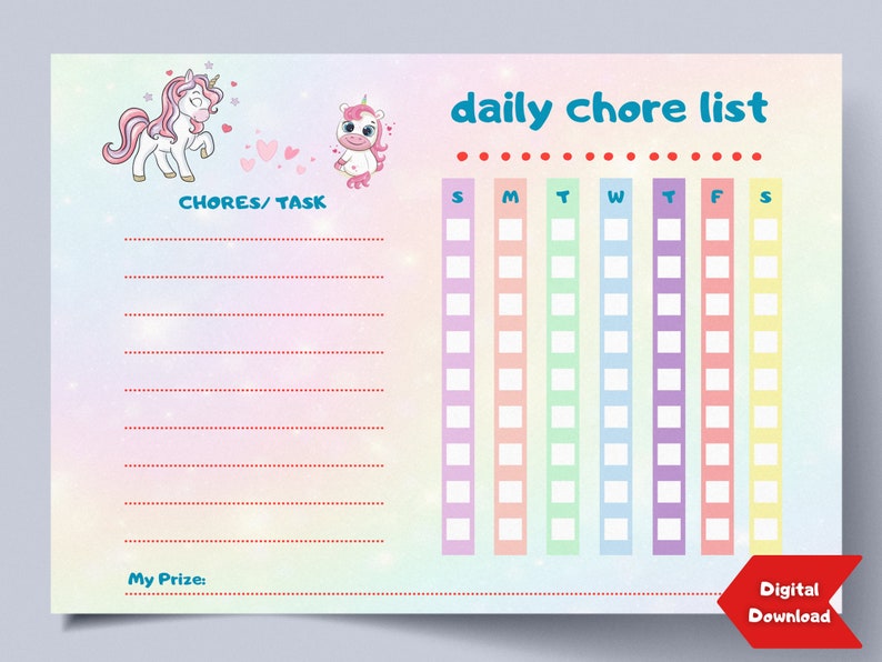Reward Chart Printable, Reward Chart Toddler, Chore Chart Unicorn ...