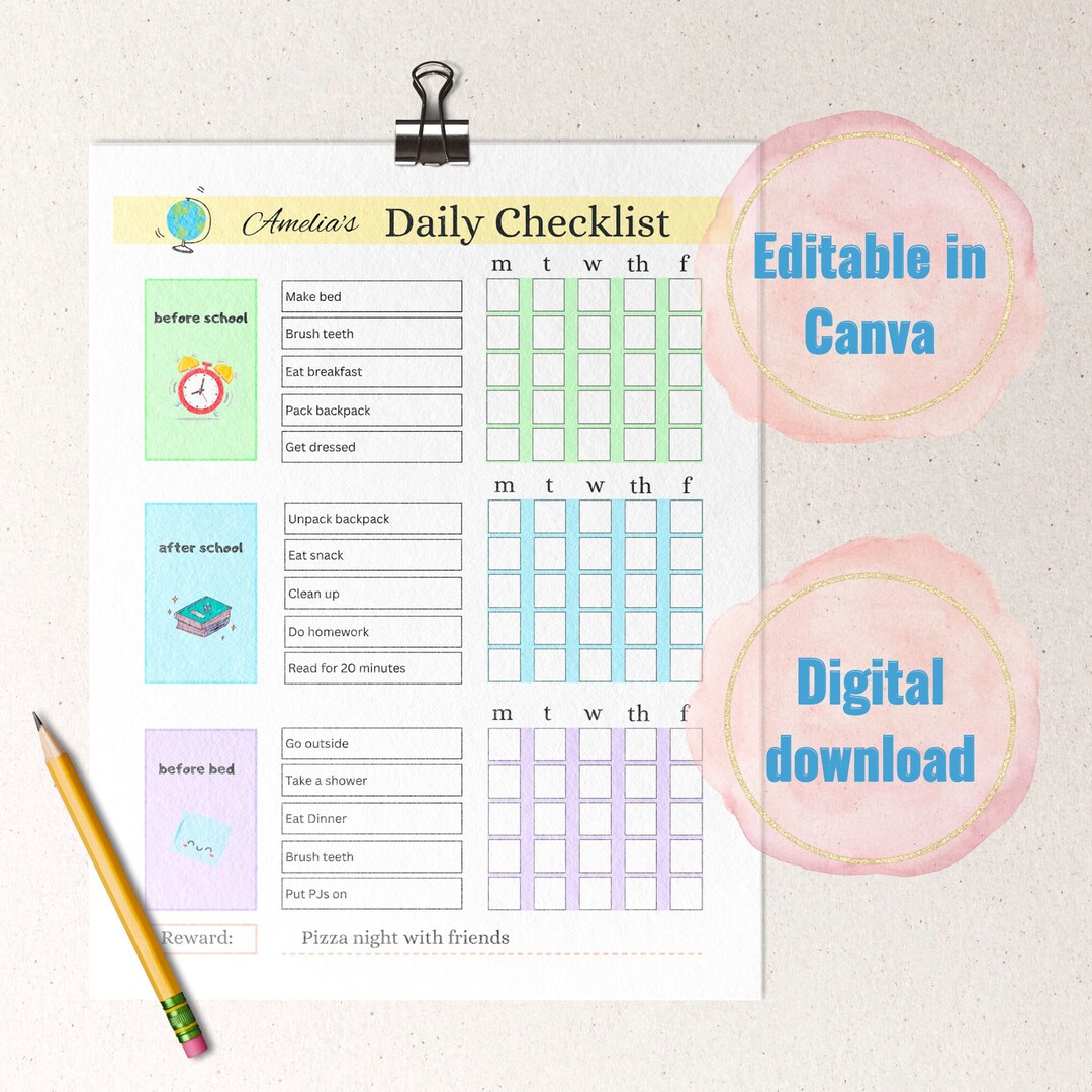 Printable Editable Daily Checklist for Kids Before School After School ...