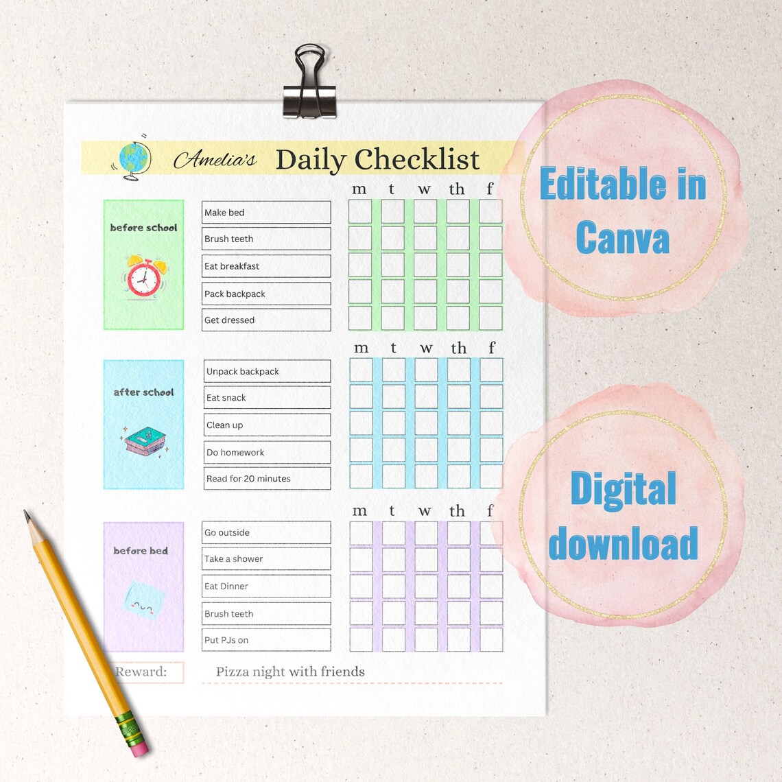 Printable Editable Daily Checklist for Kids Before School After School ...