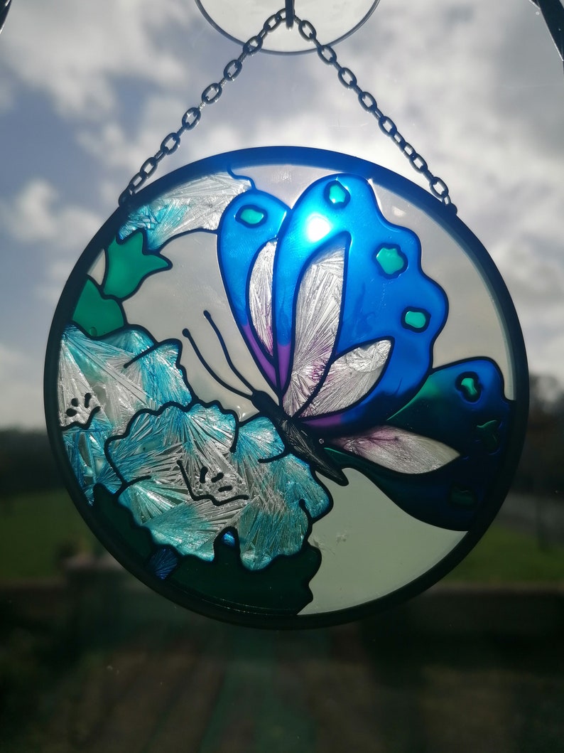 Vintage "joan Baker Designs" Hand Painted Blue Butterfly Stained Glass ...