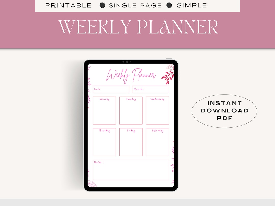 Simple Weekly Planner Printable, Single Page (digital Download) - Etsy