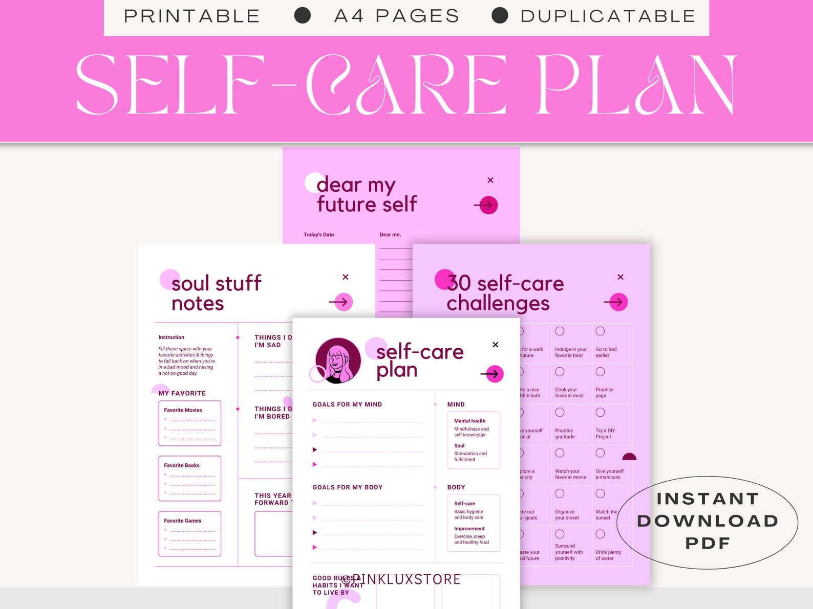 Pink Self Care Planner, Self Care Checklist, Self Care Journal, Mood ...