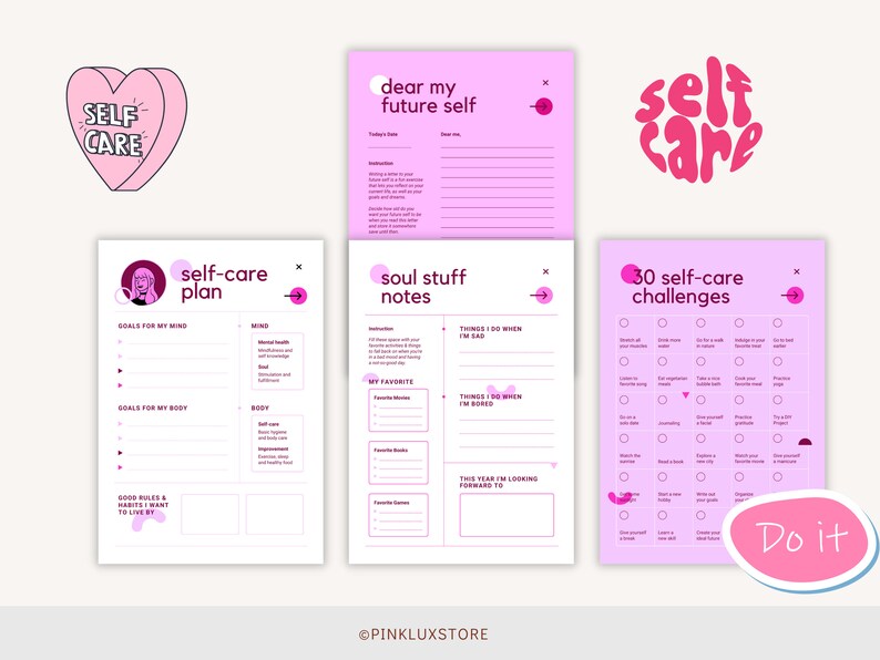 Pink Self Care Planner, Self Care Checklist, Self Care Journal, Mood ...
