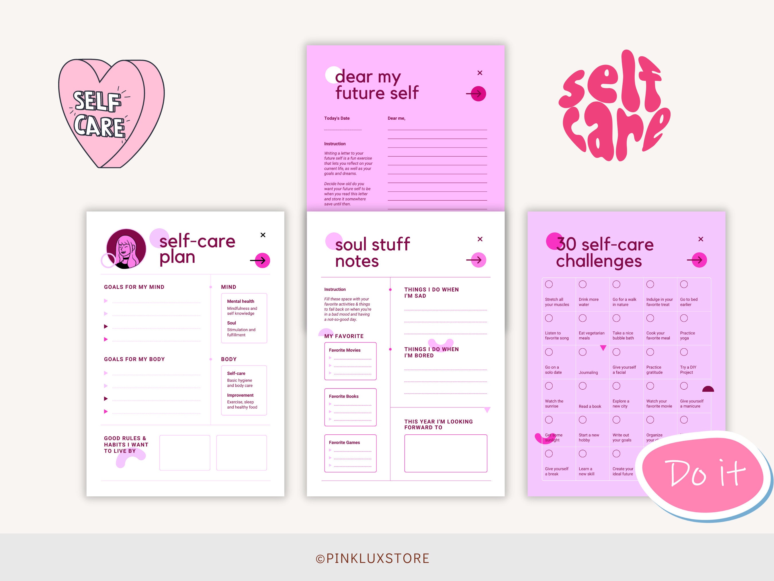 Pink Self Care Planner, Self Care Checklist, Self Care Journal, Mood ...