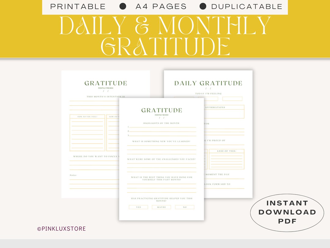 Minimalist Daily and Monthly Gratitude Planner, Daily Gratitude Instant ...