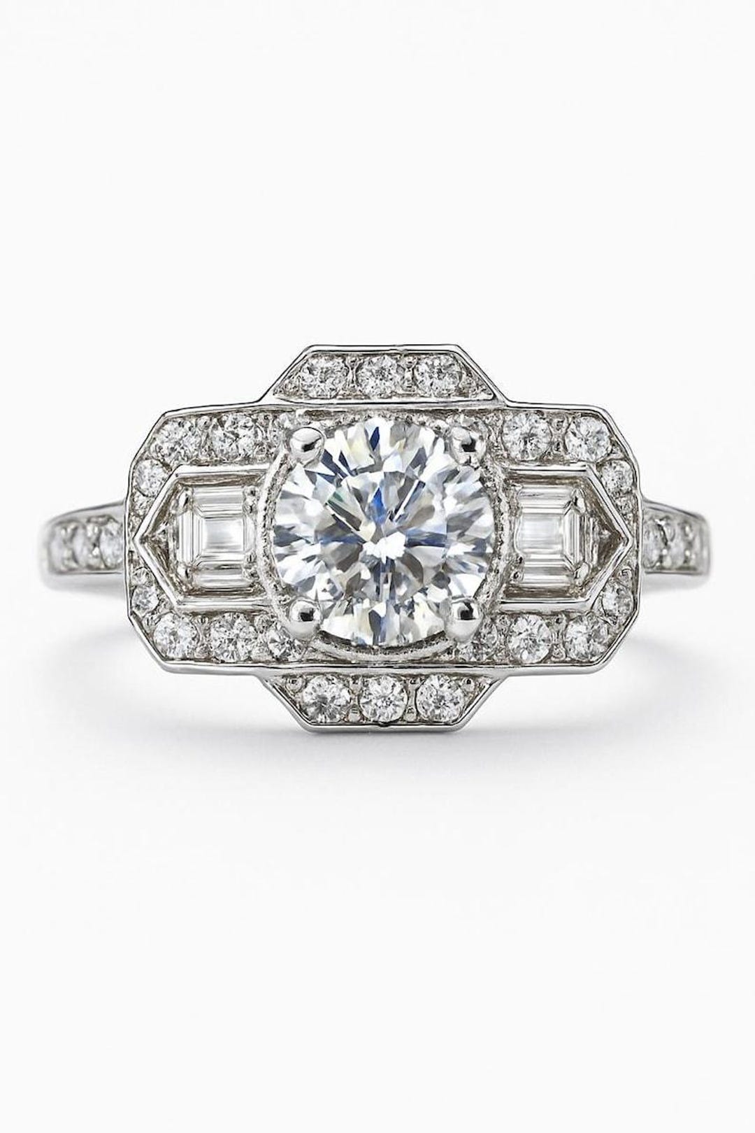 Art Deco Style Round Cut Lab Created Diamond 14K White Gold FN ...