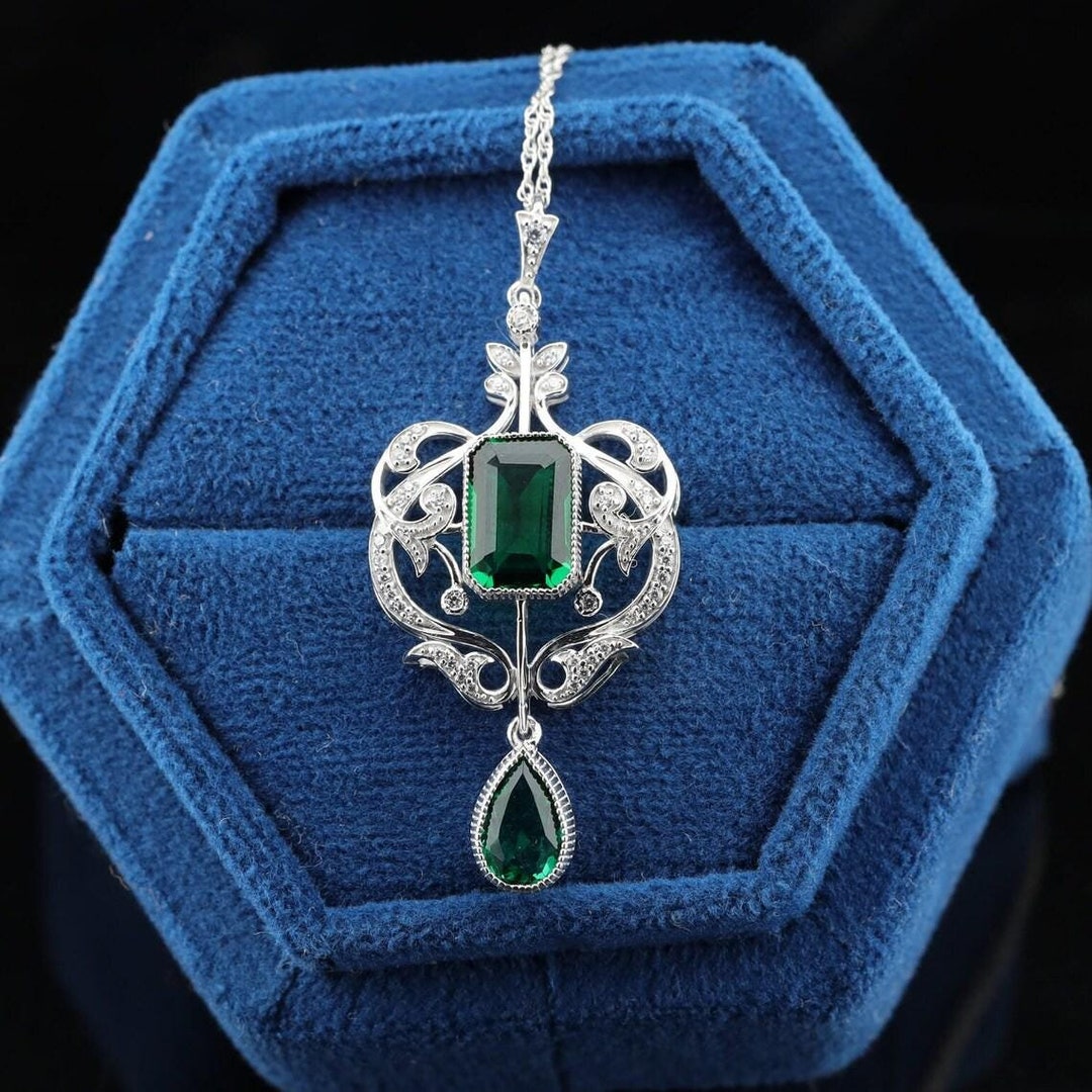 Art Deco Style Green Emerald & CZ Diamond Filigree Black Friday Special ...