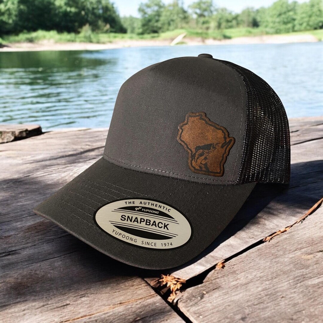 Wisconsin State Leather Patch Hat Bass Fishing Trucker Cap, Snapback Hat for Men, Outdoor Lake ...