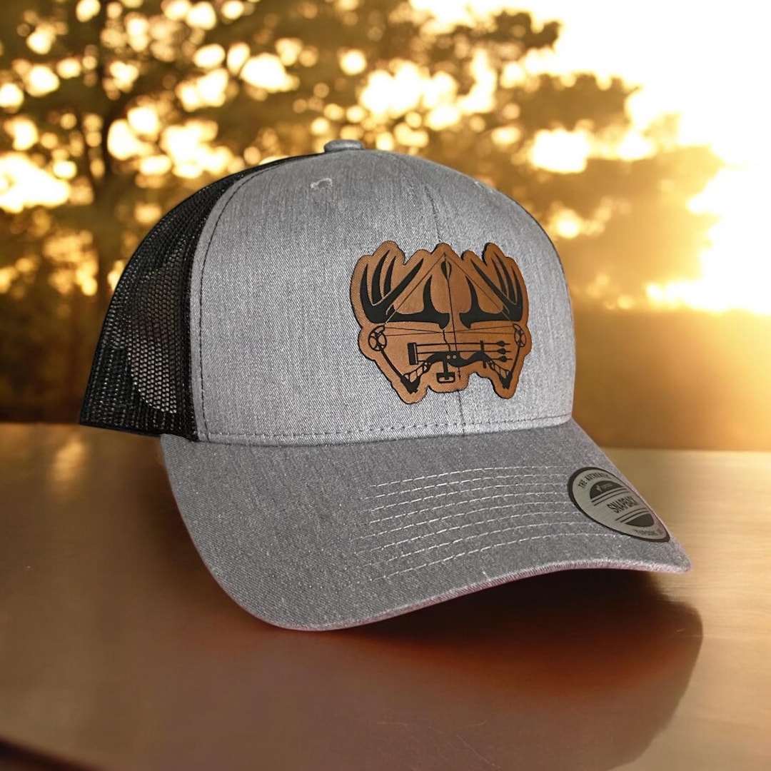 Custom Bow Hunting Leather Patch Hat Deer Antler Archery Trucker Cap ...