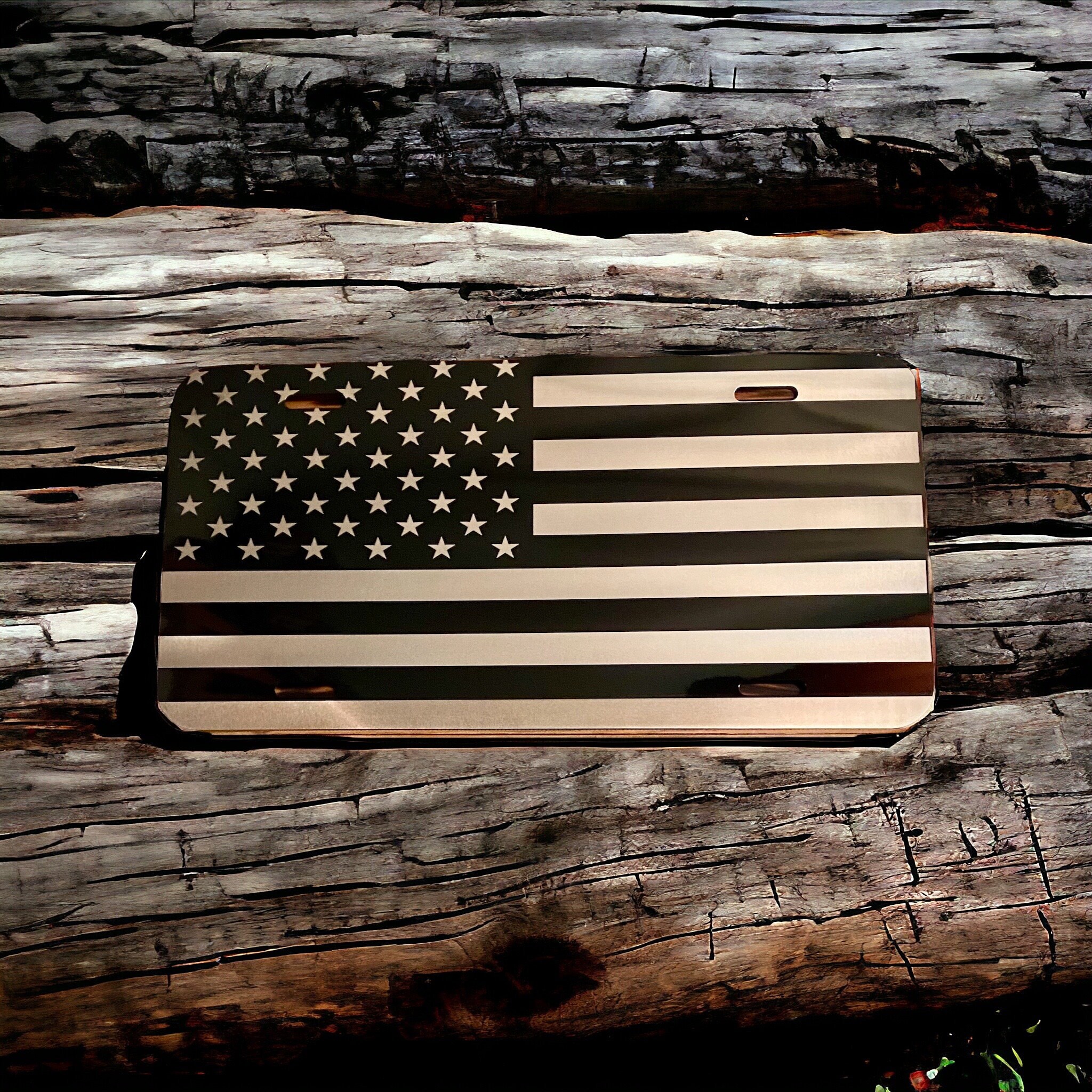 Chrome American Flag License Plate Mirror Black on Brushed Aluminum ...