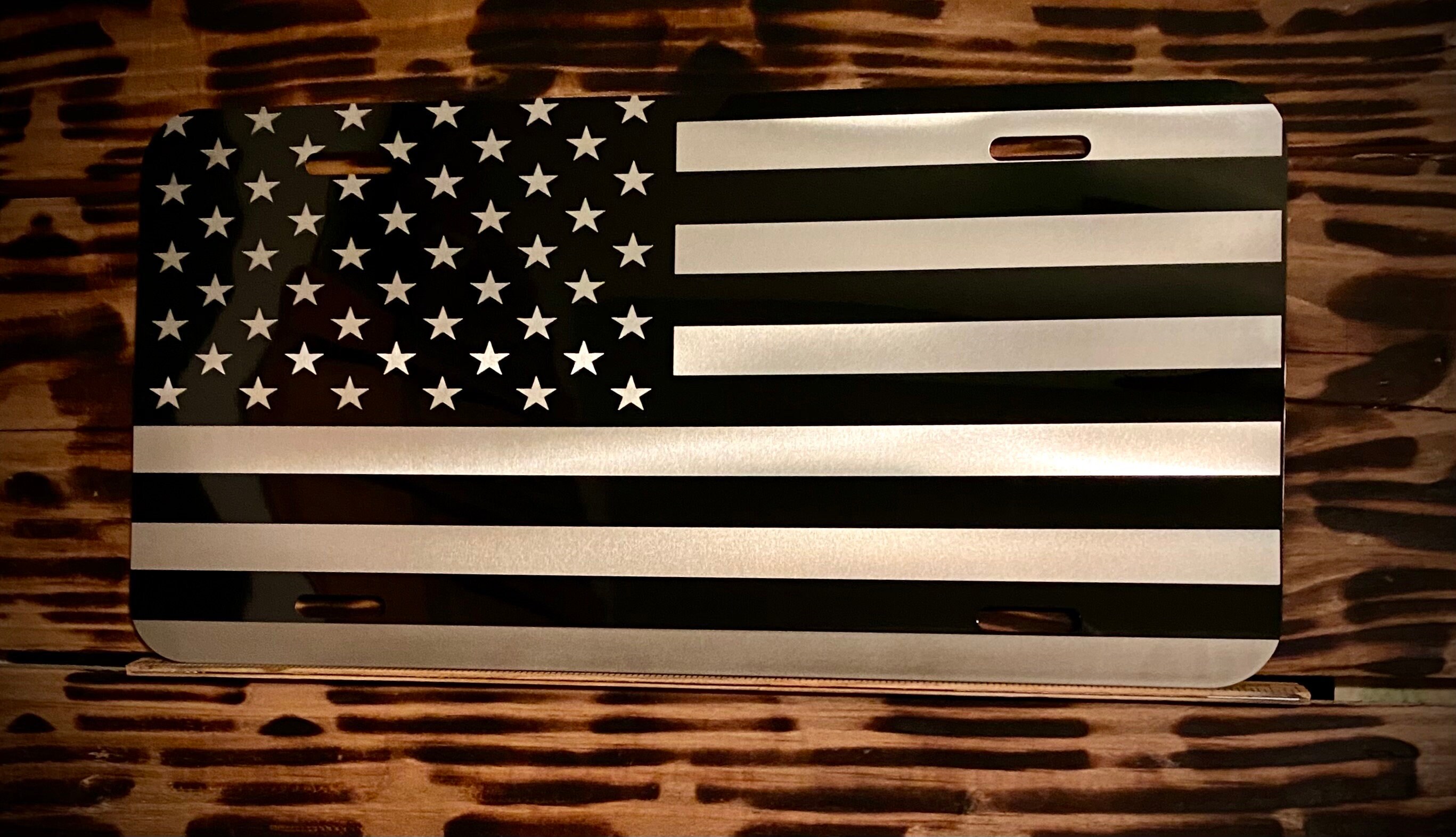 Chrome American Flag License Plate Mirror Black on Brushed Aluminum ...