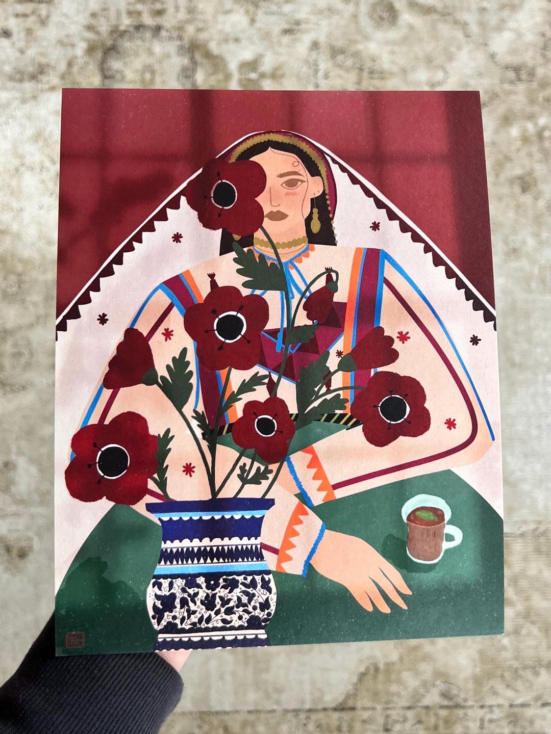 Poppy Art Print – Palestinian Woman Floral Portrait | 7x9 Wall Decor ...