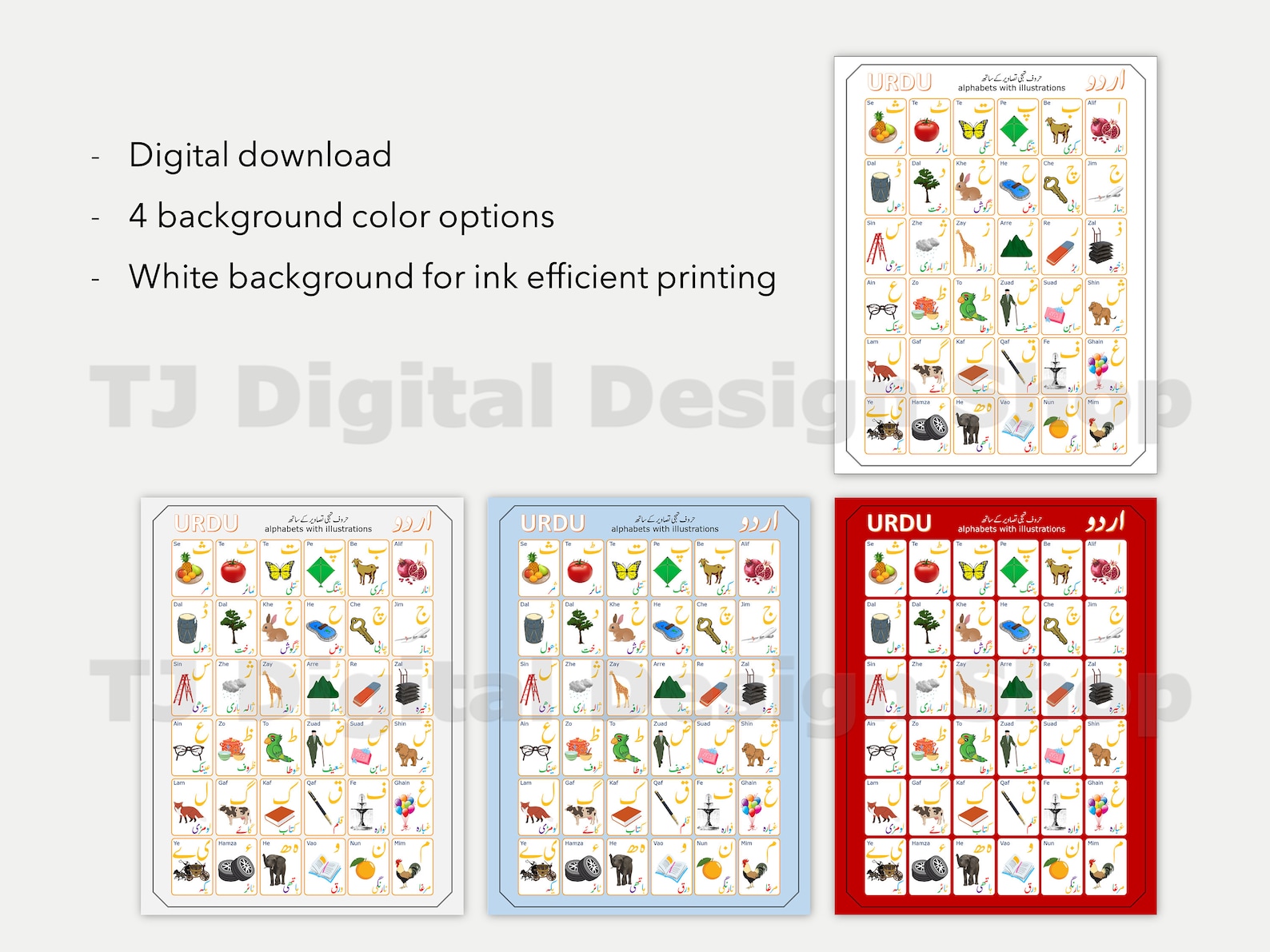 Urdu Alphabet Poster for Kids, Urdu Alphabets With Illustrations, First ...