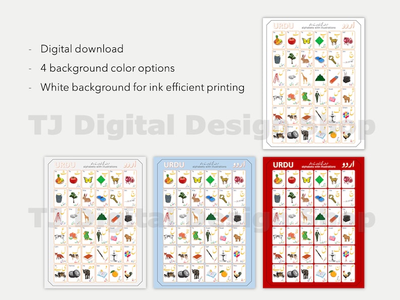 Urdu Alphabet Poster for Kids, Urdu Alphabets With Illustrations, First ...