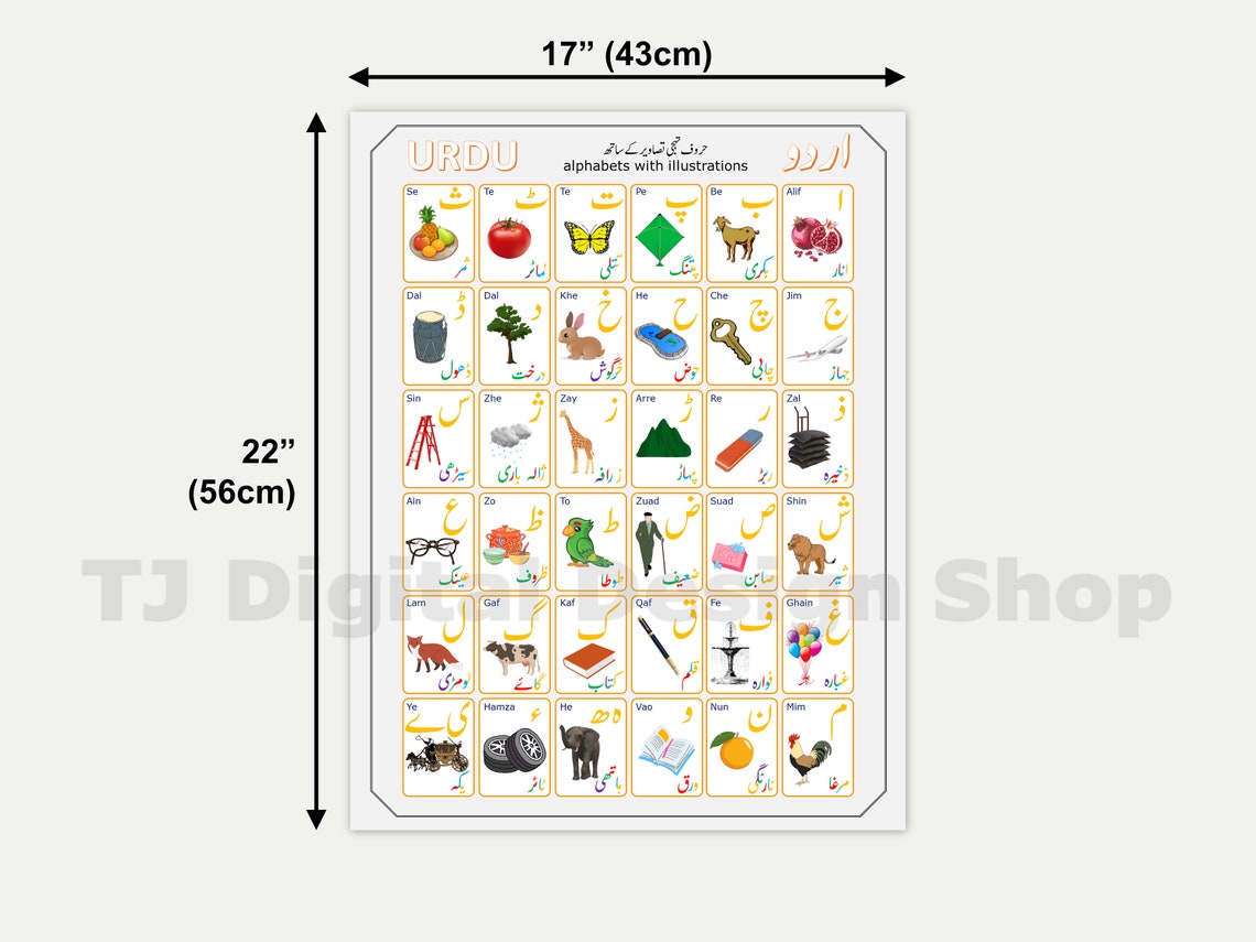 Urdu Alphabet Poster for Kids, Urdu Alphabets With Illustrations, First ...