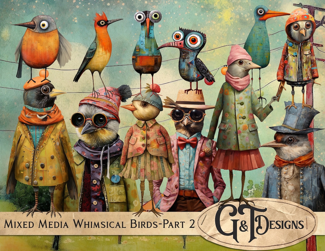 Mixed Media Whimsical Birds Part 2 Quirky Bird Graphics - Etsy France