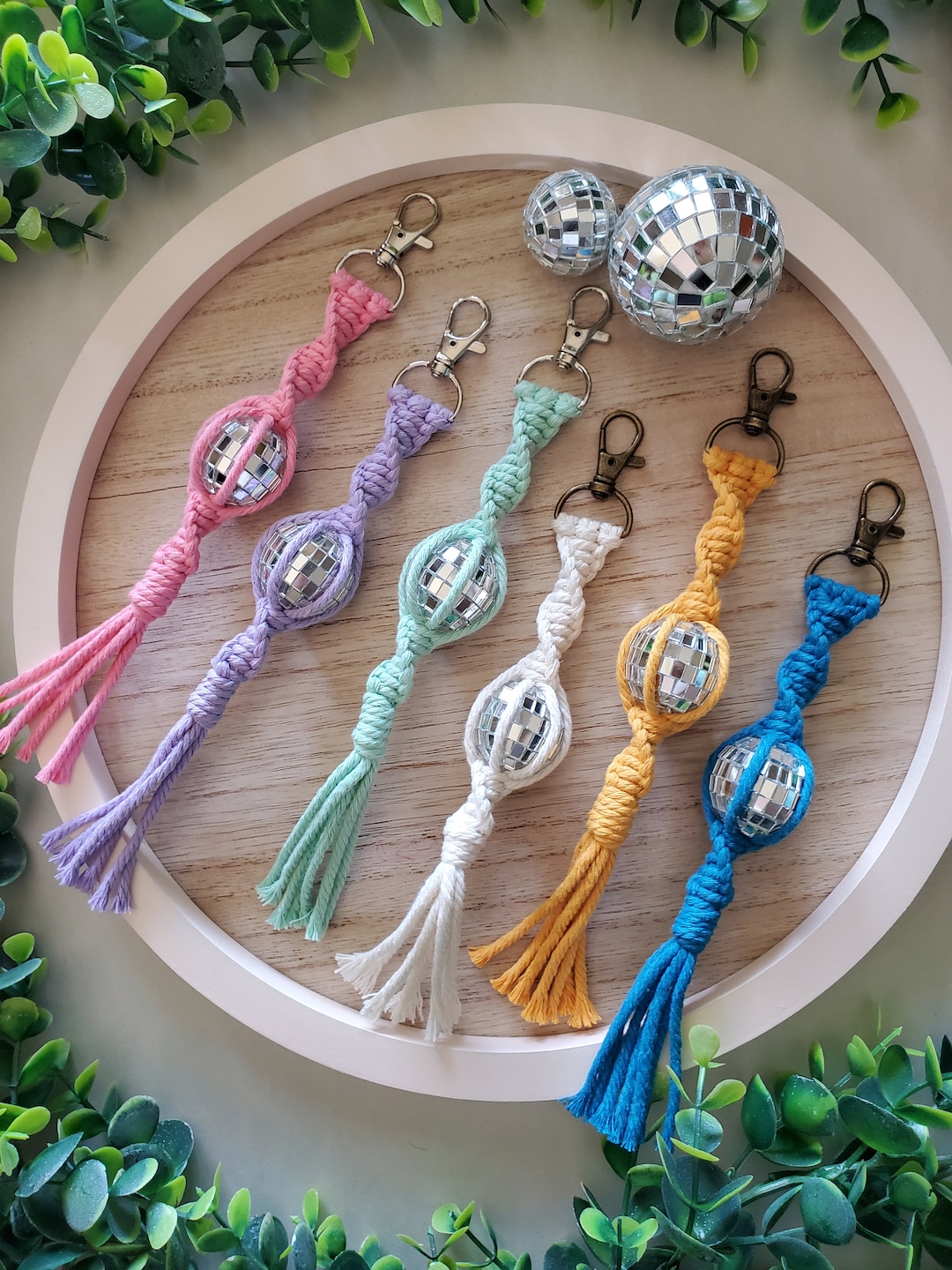 Macrame Disco Ball Keychain | Colorful/fun Car Accessory | Boho Chic ...
