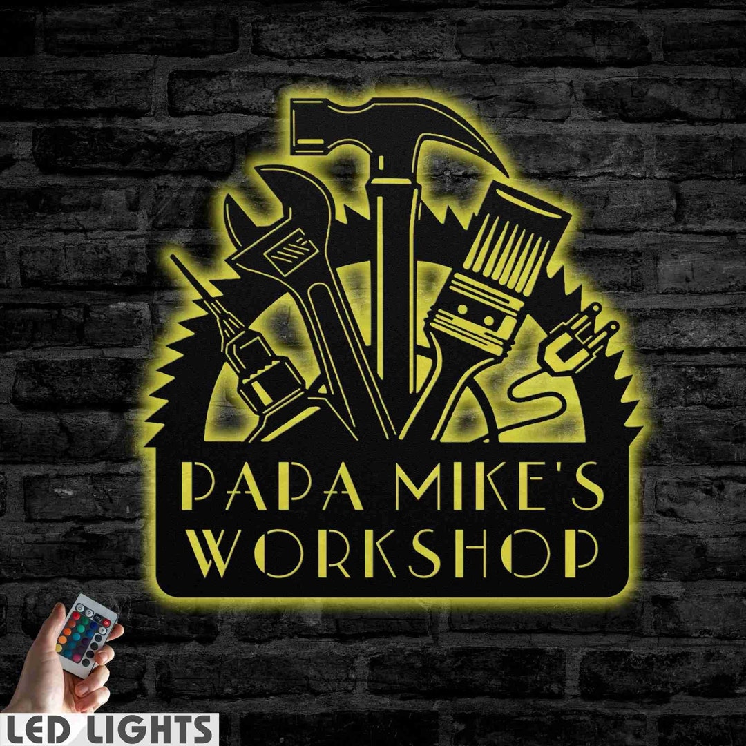 CUSTOM: Papas Workshop LED Lights Work Shop Sign Dads Garage Sign ...