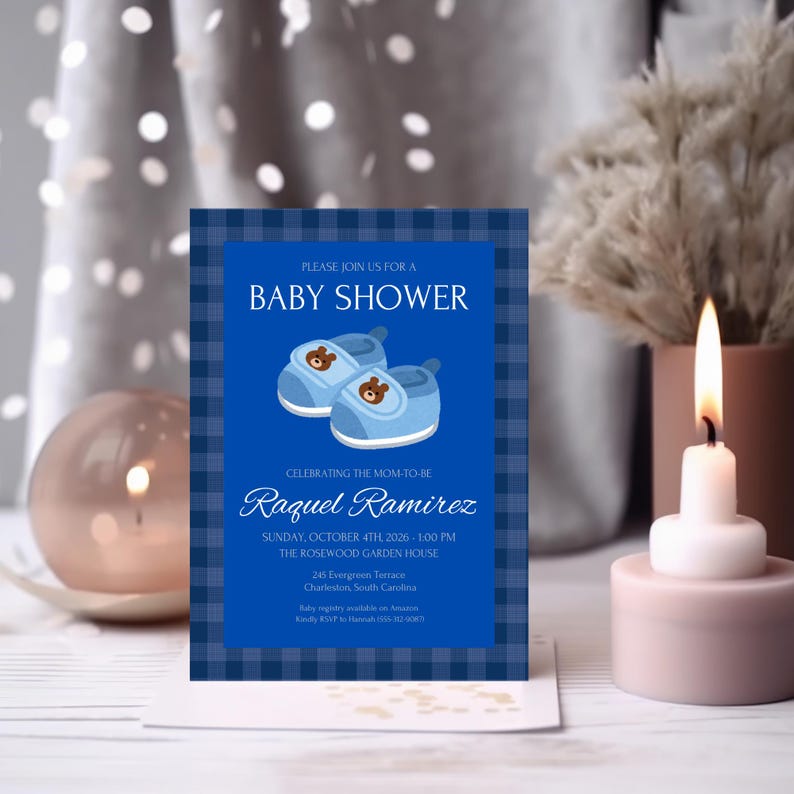 Baby Shower Invitation Canva Template, Editable Teddy Bear Blue Gingham ...
