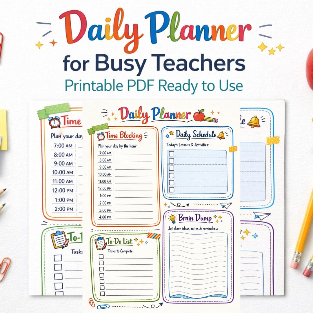 Teacher Daily Planner Printable PDF, Colorful Doodle Planning Page ...