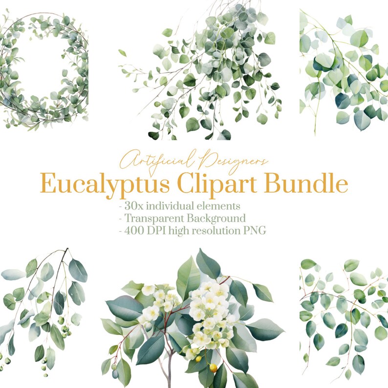 30x Eucalyptus Clipart Bundle Watercolor Eucalyptus Blue Green Leaves ...