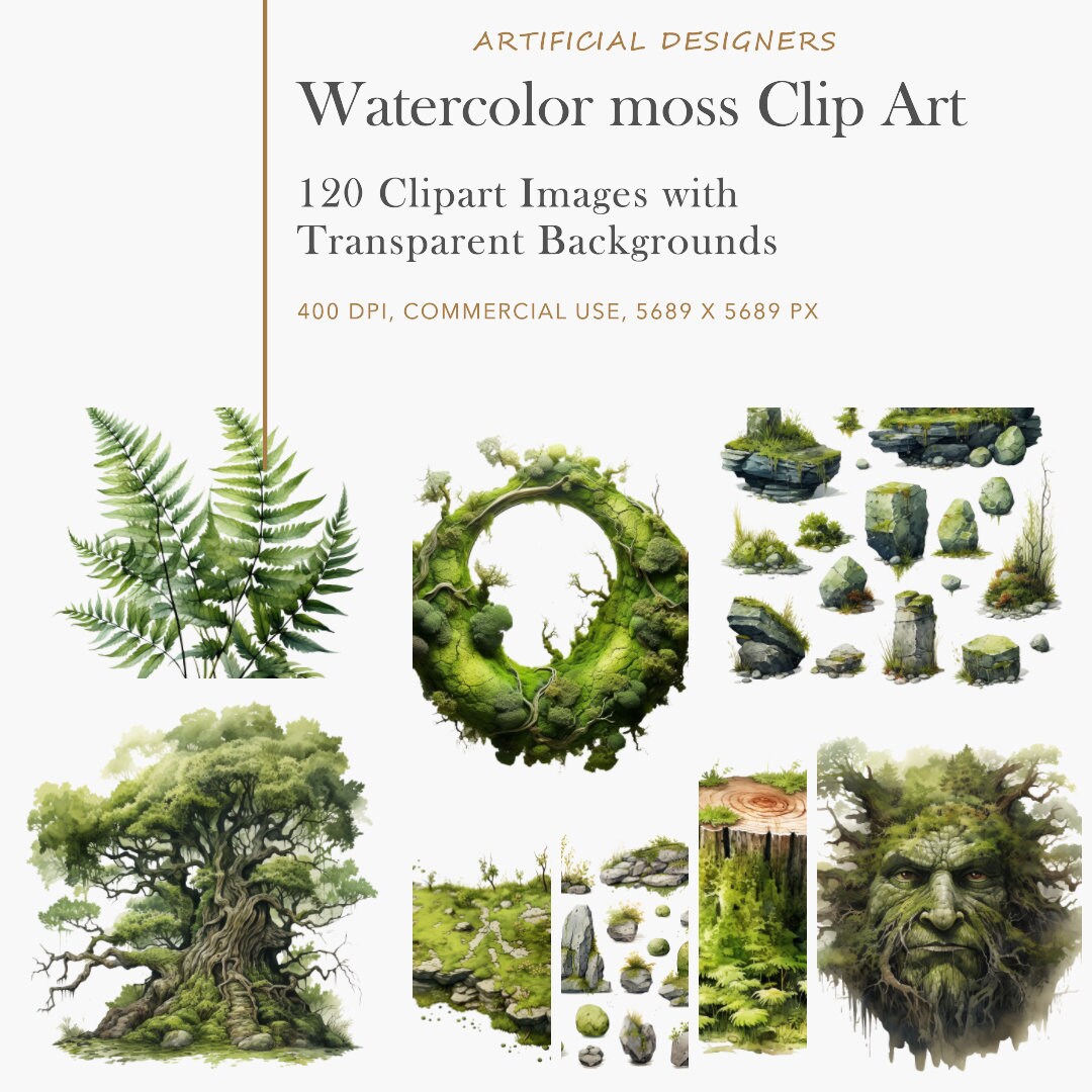 120x Watercolor Moss Clipart Mossy Rocks, Trolls and Stumps Botanical ...