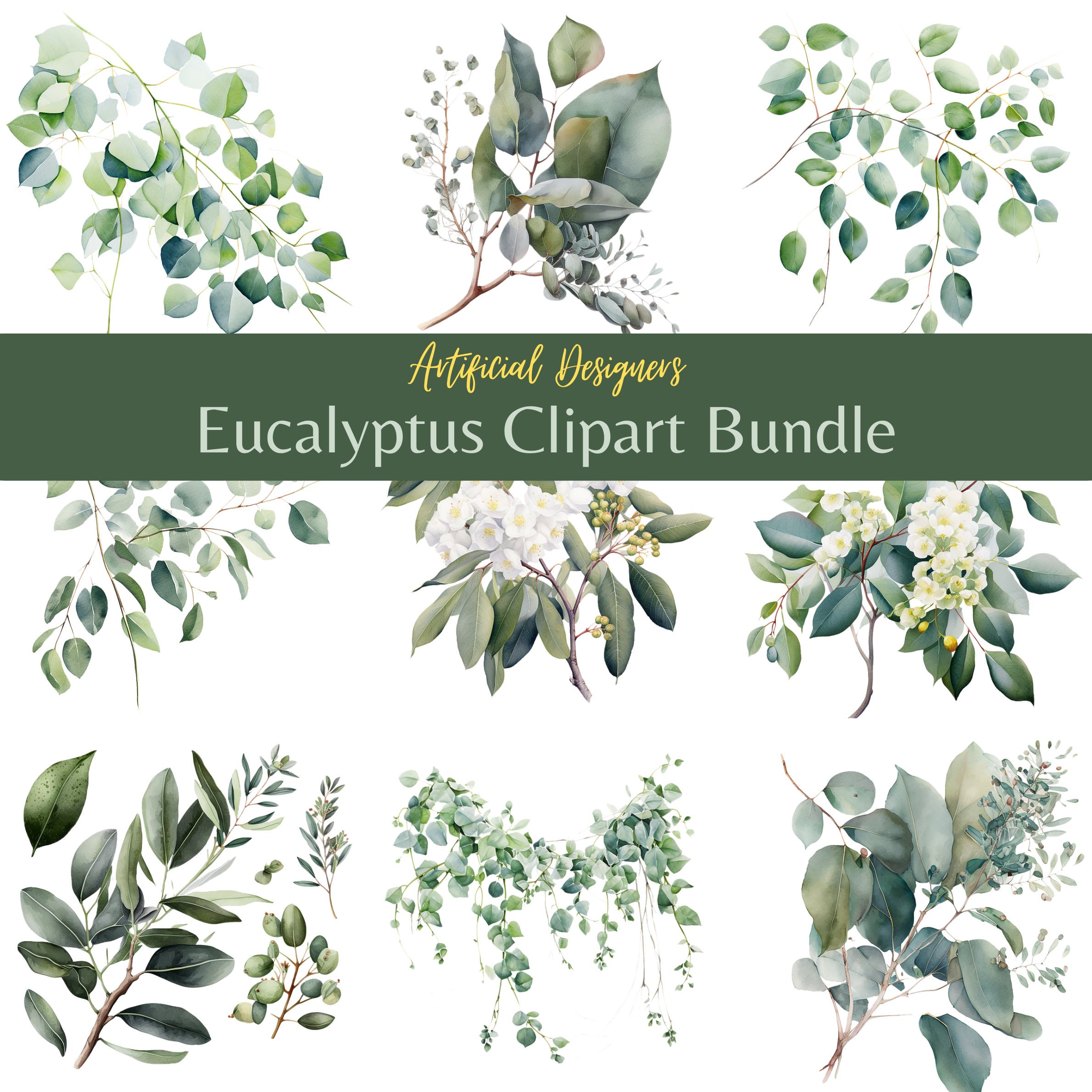 30x Eucalyptus Clipart Bundle - Watercolor Eucalyptus - Blue Green ...