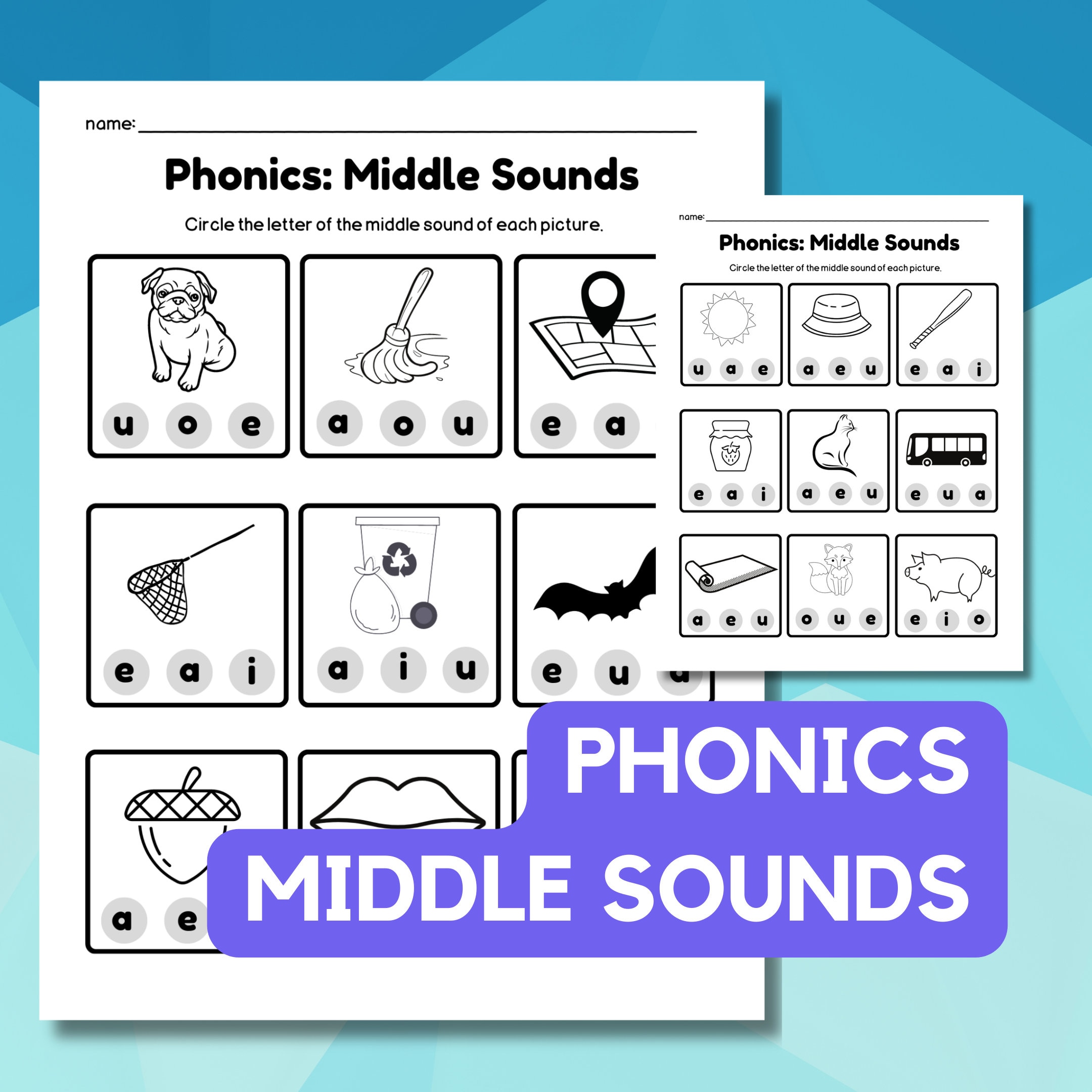 Middle Sounds Phonics Worksheets • Medial Sound Review Practice ...