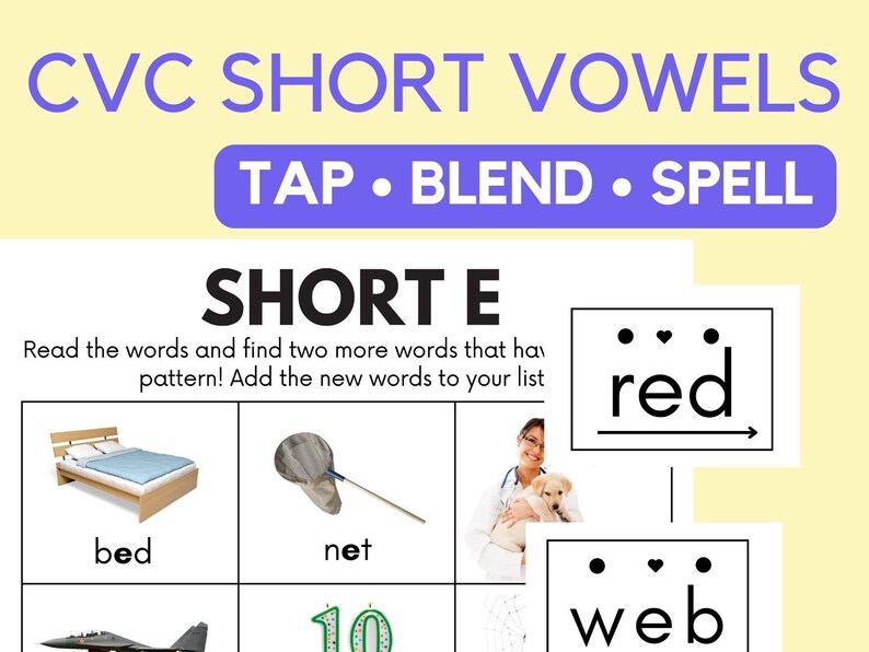 CVC Phonics Worksheets: Short Vowel Ee • TAP, BLEND, Read & Spell ...