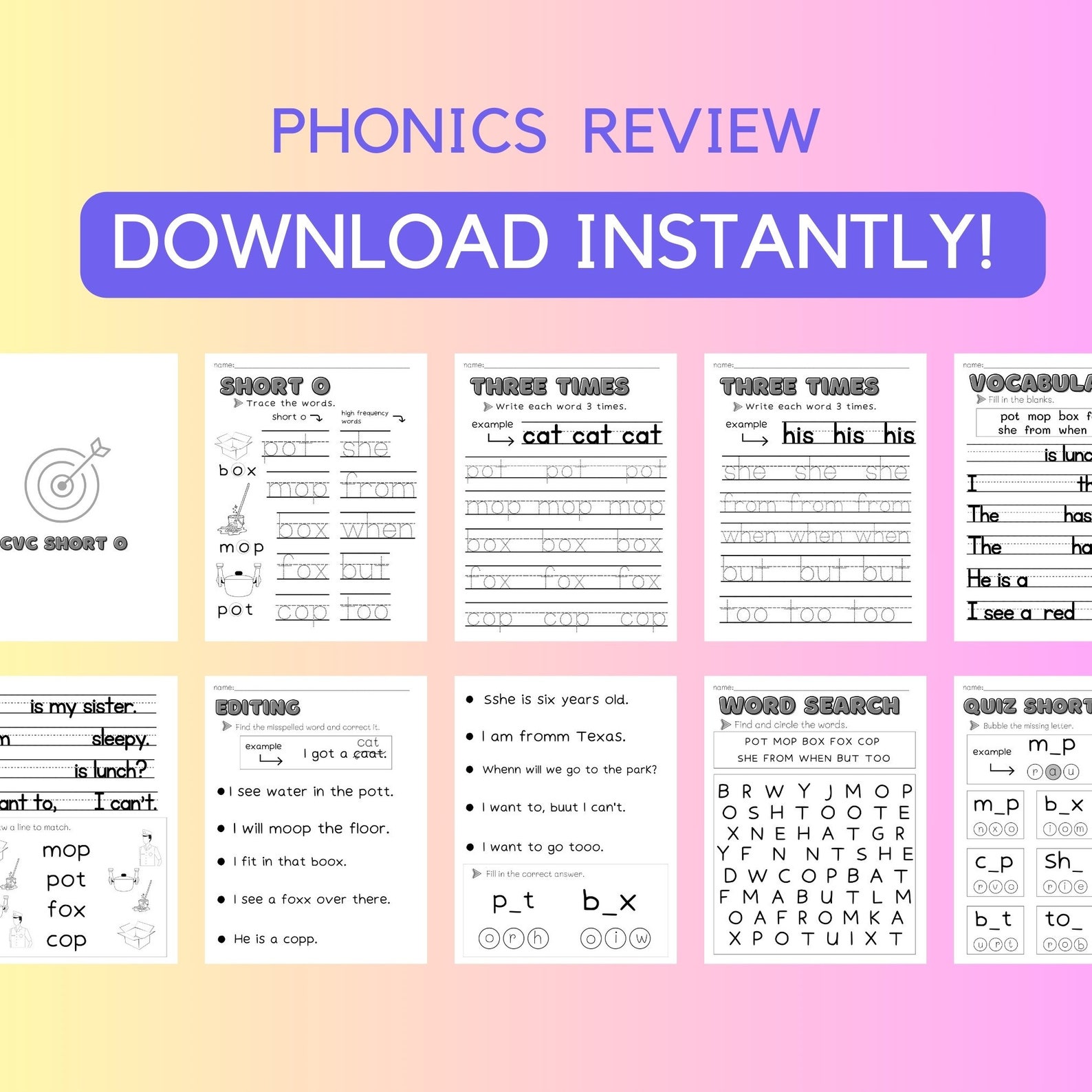 Homeschool or Summer Review• CVC Phonics Worksheets - Short Vowels ...