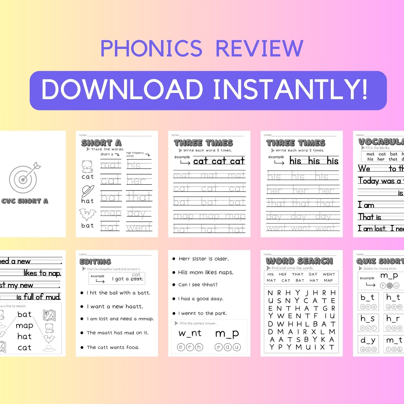 Homeschool or Summer Review• CVC Phonics Worksheets - Short Vowels ...