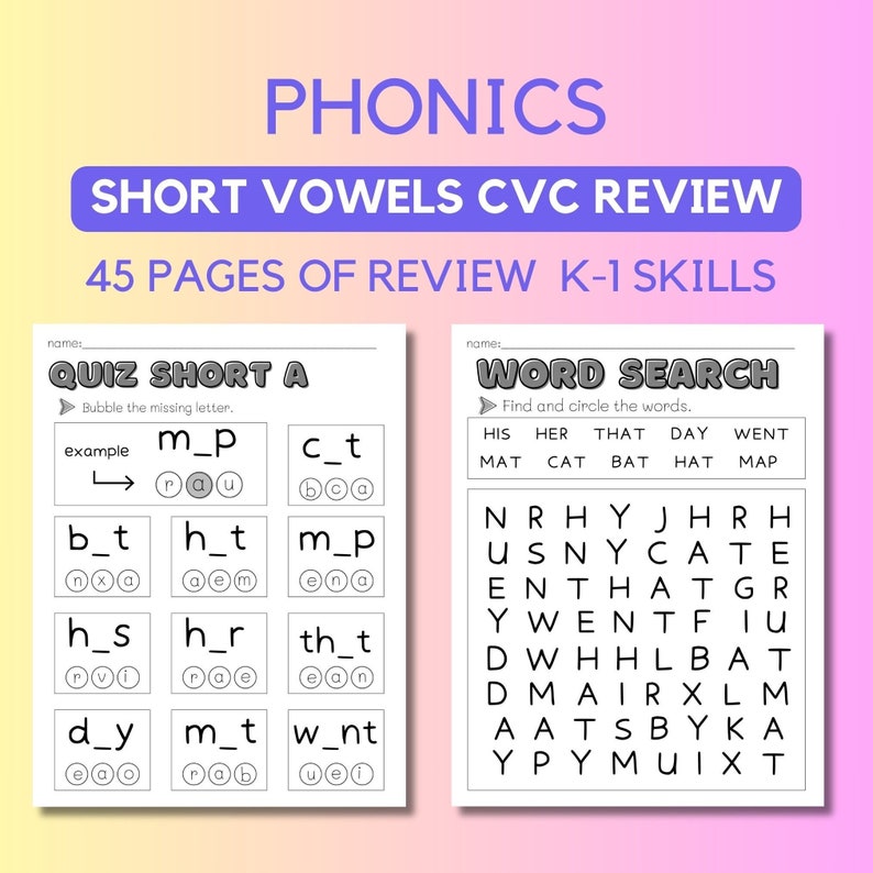 Homeschool or Summer Review• CVC Phonics Worksheets - Short Vowels ...