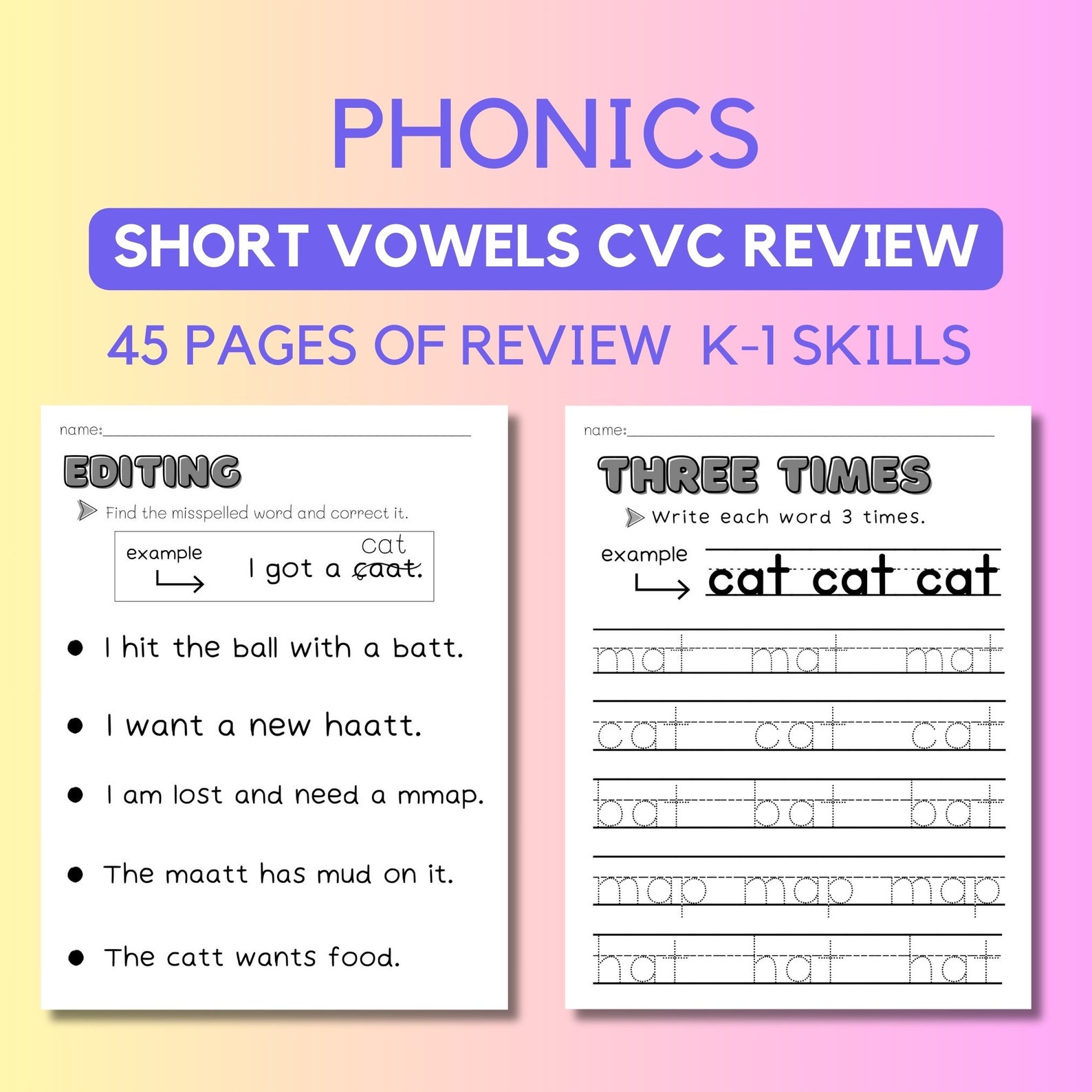 Homeschool or Summer Review• CVC Phonics Worksheets - Short Vowels ...