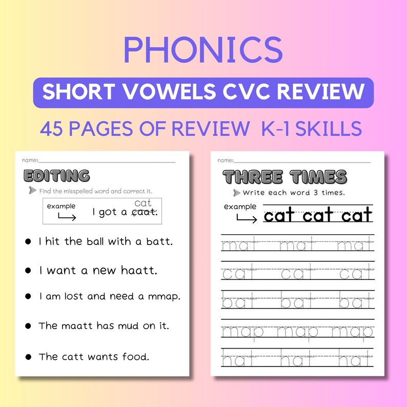 Homeschool or Summer Review• CVC Phonics Worksheets - Short Vowels ...