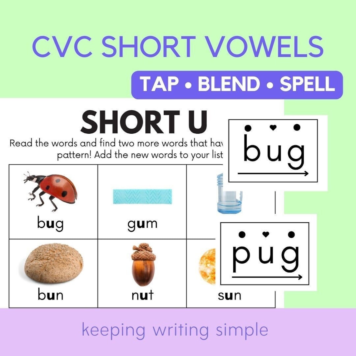 CVC Phonics Worksheets: Short Vowel Uu • TAP, BLEND, Read & Spell ...