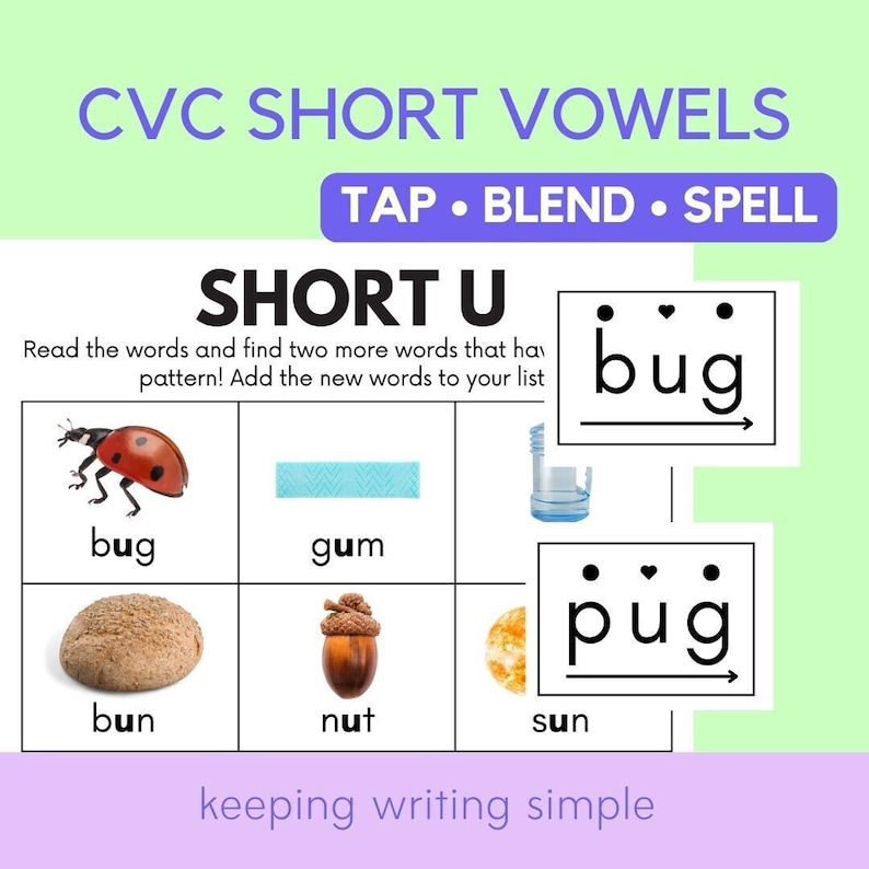 CVC Phonics Worksheets: Short Vowel Uu • TAP, BLEND, Read & Spell ...