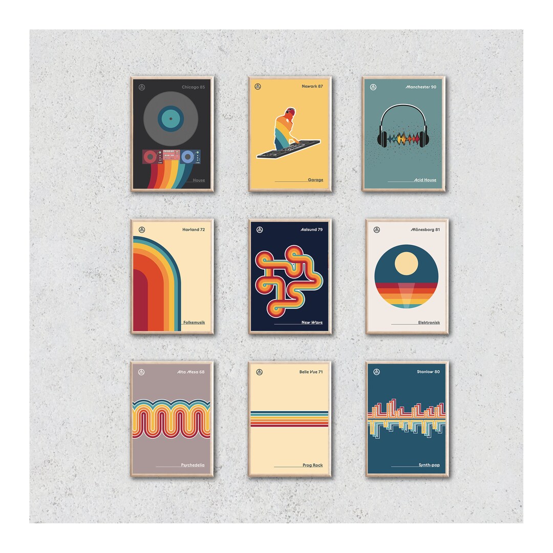 9 A1 & 24x30in Retro 60s 70s 80s Music Genre Posters Prog Rock Synth ...