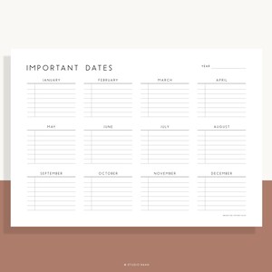 Year Planner Important Dates Overview Printable Yearly Events Planner ...
