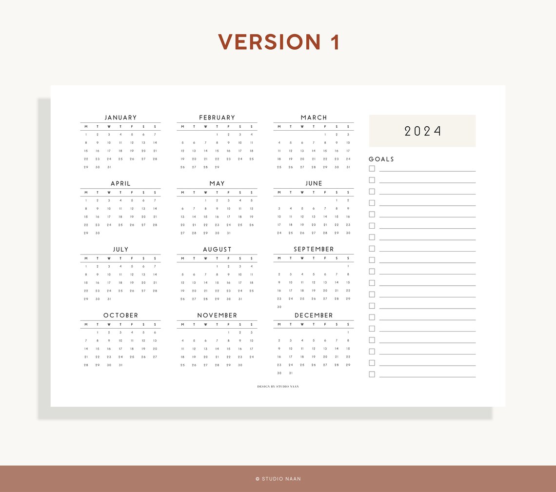 Year Calendar 2024 Printable Yearly Goal Planner Template Wall Calendar ...