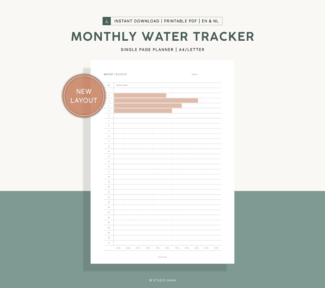 Water Tracker Printable Monthly Water Intake Tracker Minimal Waterlog ...