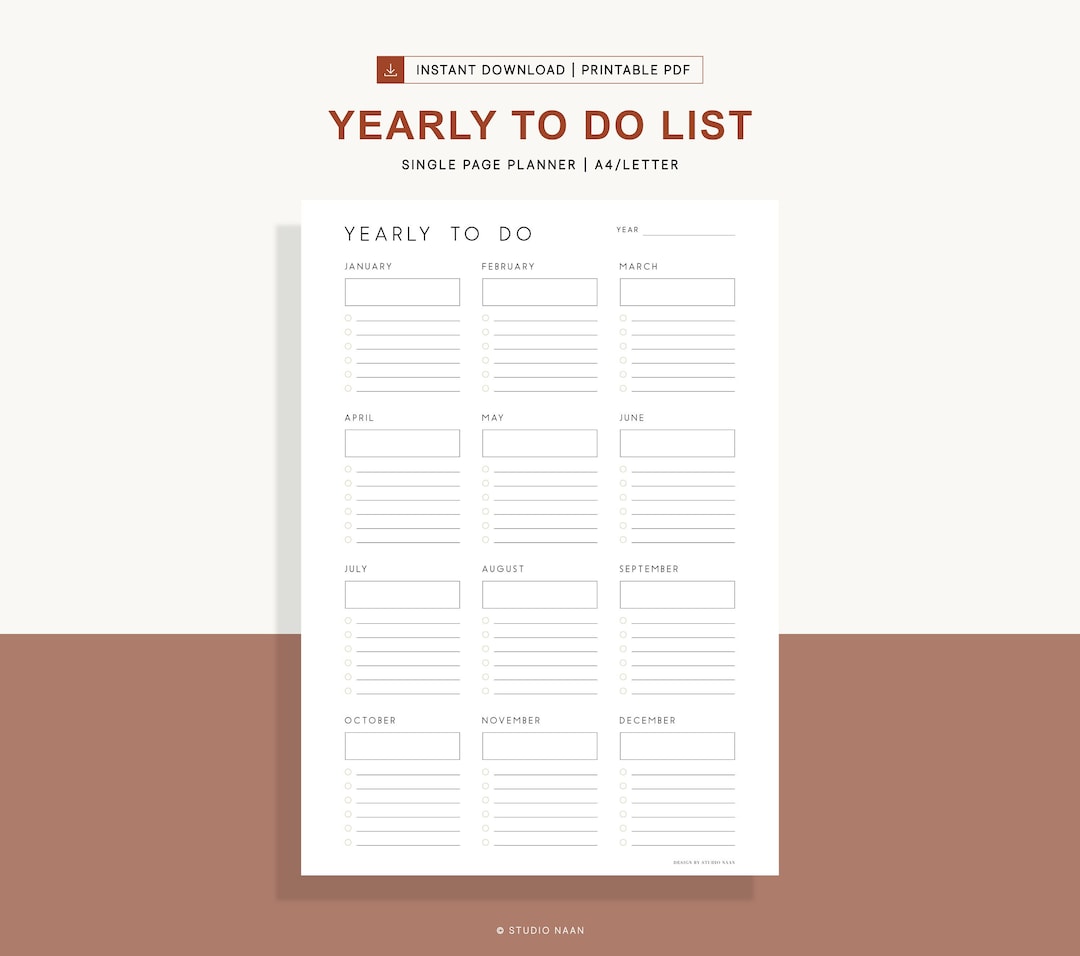 Yearly To-do List Printable Yearly Checklist Minimal Productivity ...