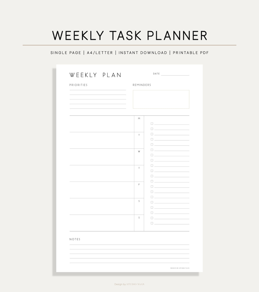 Weekly Task Planner Printable Weekly Schedule Notes and - Etsy