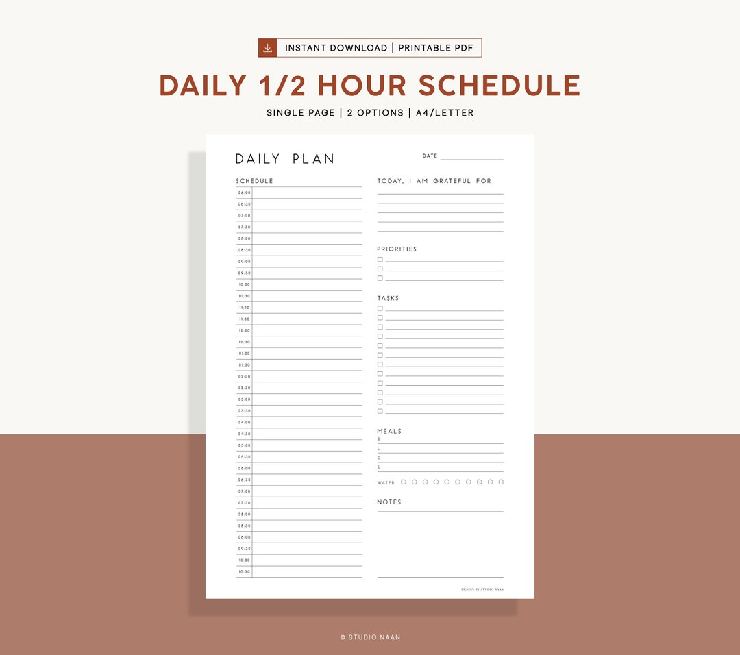 Daily Half Hour Planner Printable Daily Schedule Minimal Daily ...