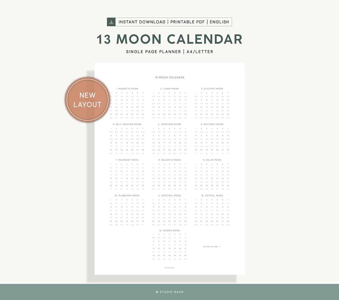 Moon Calendar Yearly 13 Moon Calendar Printable Yearly Calendar Minimal ...
