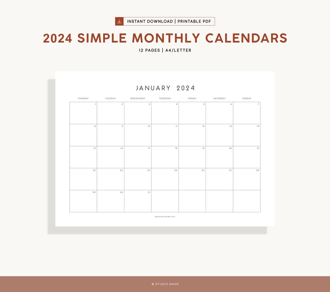 Monthly Calendar 2024 Printable Planners Monthly Calendar - Etsy