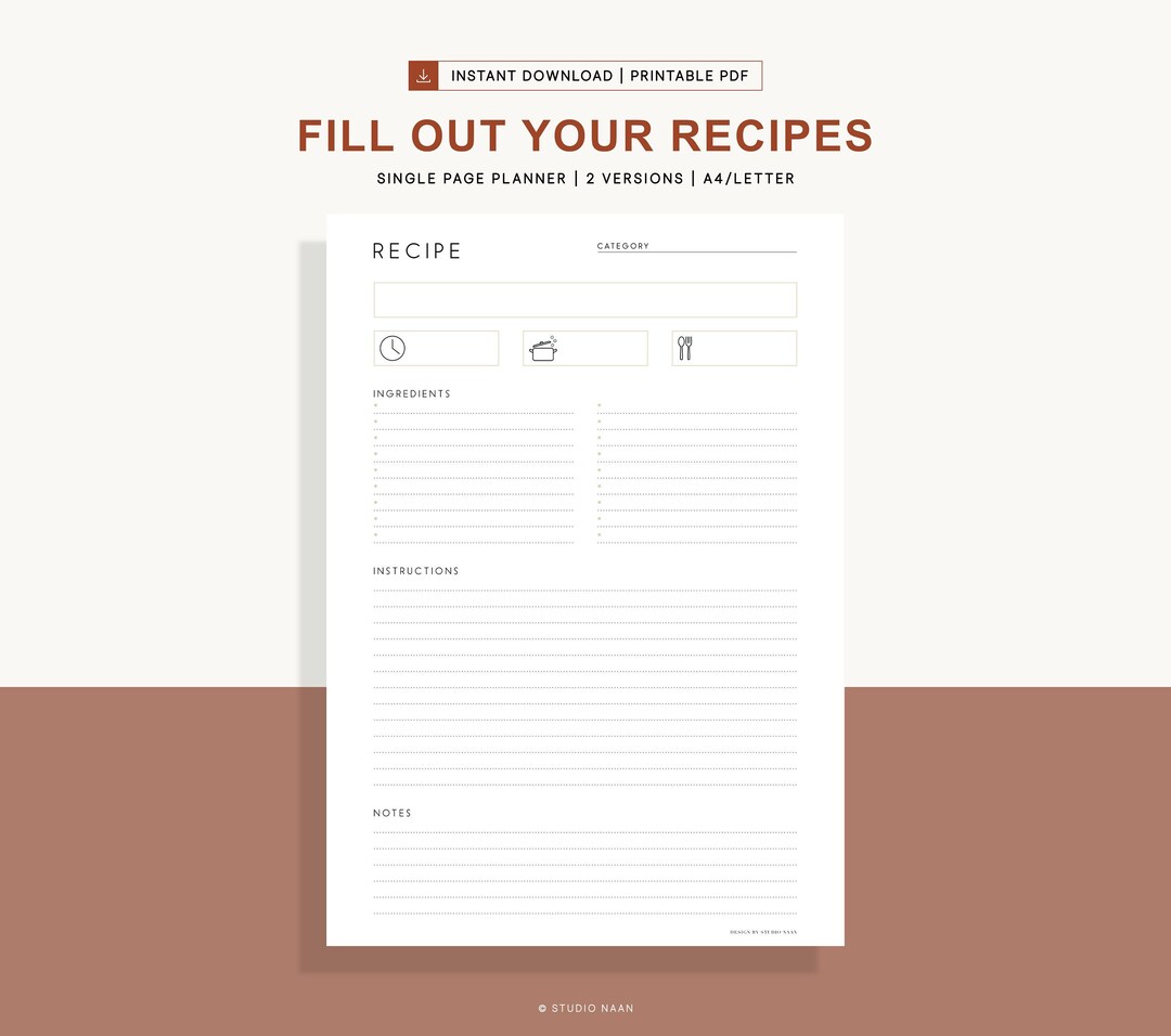 Recipe Template Printable Recipe Page Downloadable Cooking Manual ...