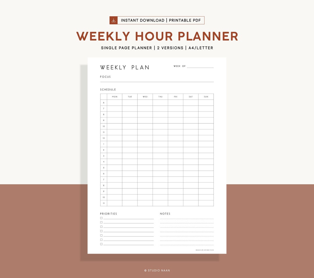 Printable Weekly Hour Planner Weekly Productivity Template Focus ...