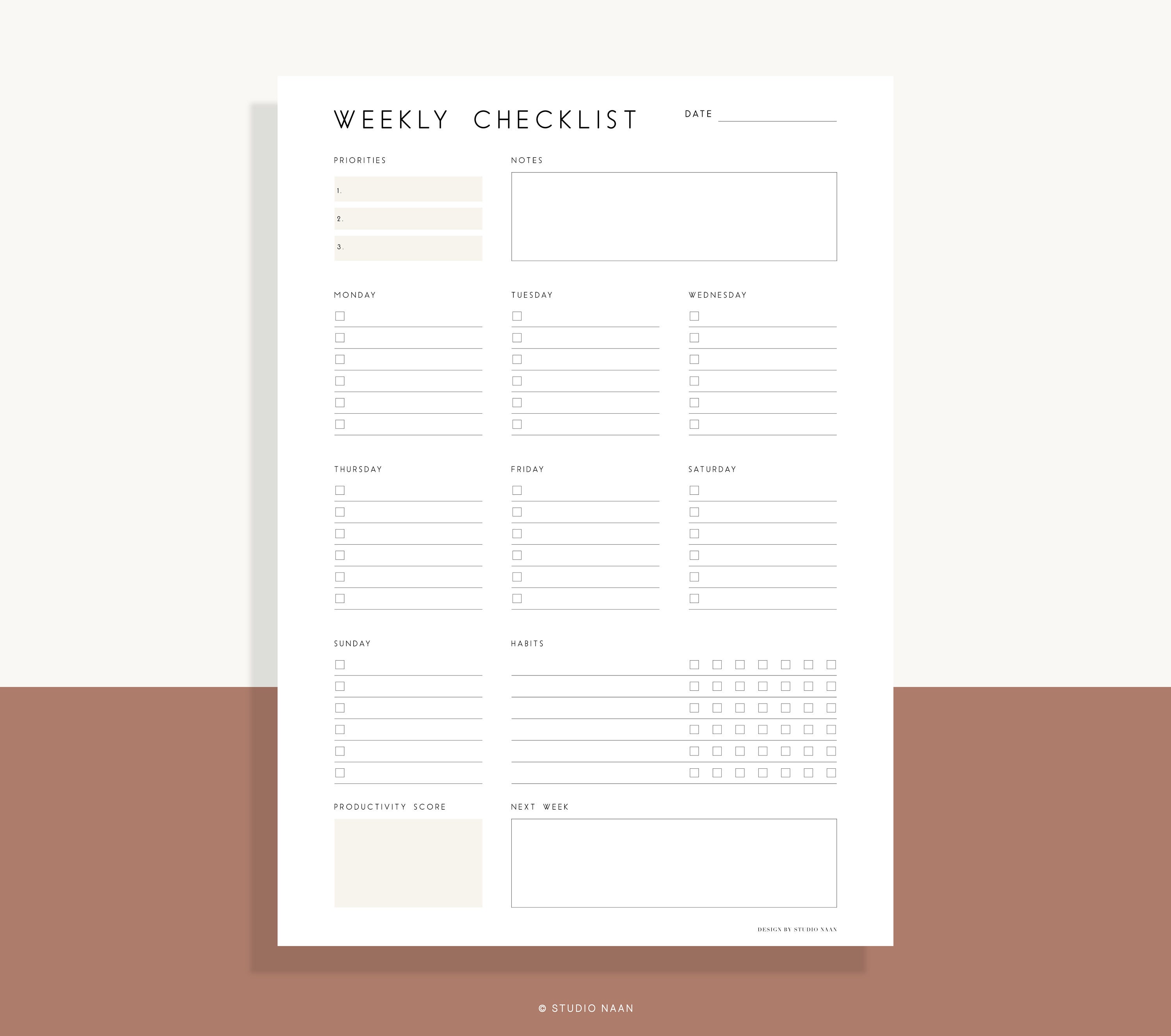 Weekly Productivity Checklist Printable Habit Tracker Template - Etsy