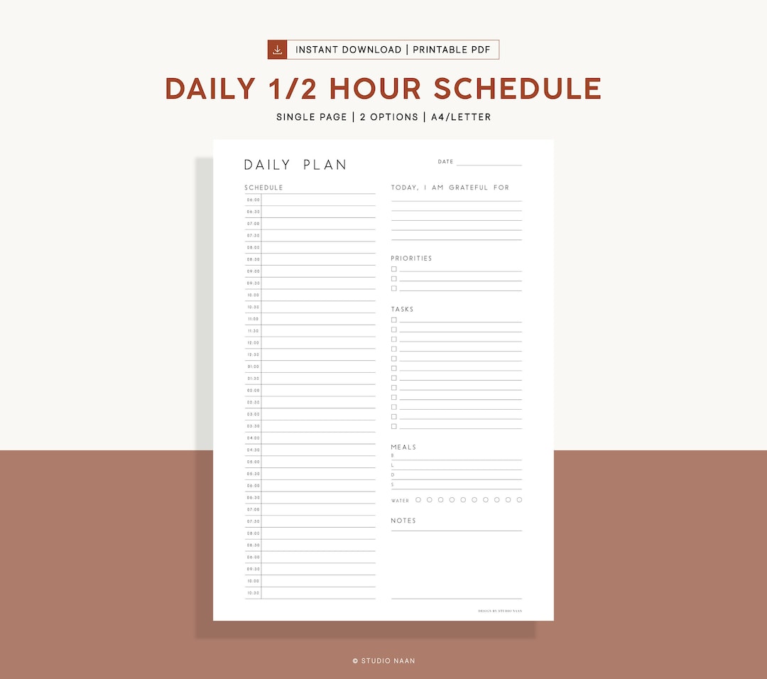 Daily Half Hour Planner Printable Daily Schedule Minimal Daily - Etsy