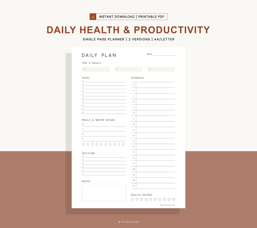 Daily Health Planner Printable Productivity Planner Minimal Meal ...